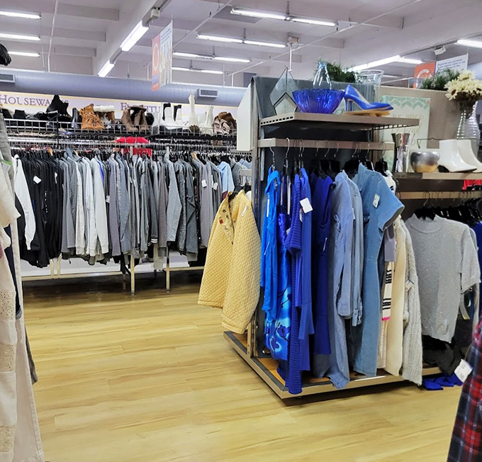 The clothing department: organized by color like a rainbow of fashion possibilities, each with its own previous life story.