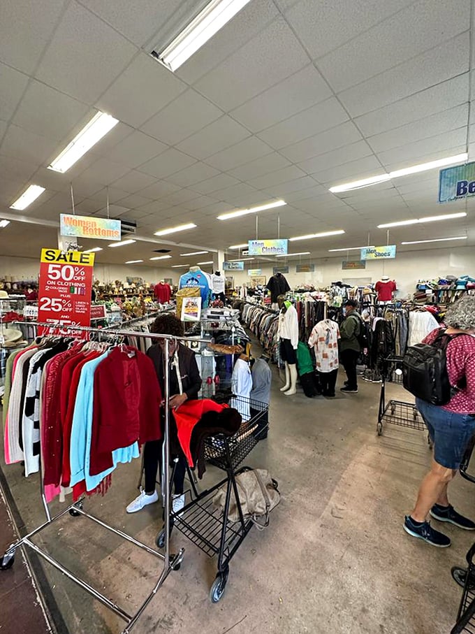 The clothing section: organized chaos where vintage band t-shirts mingle with last season's fashion trends. The ultimate "something for everyone" shopping experience.