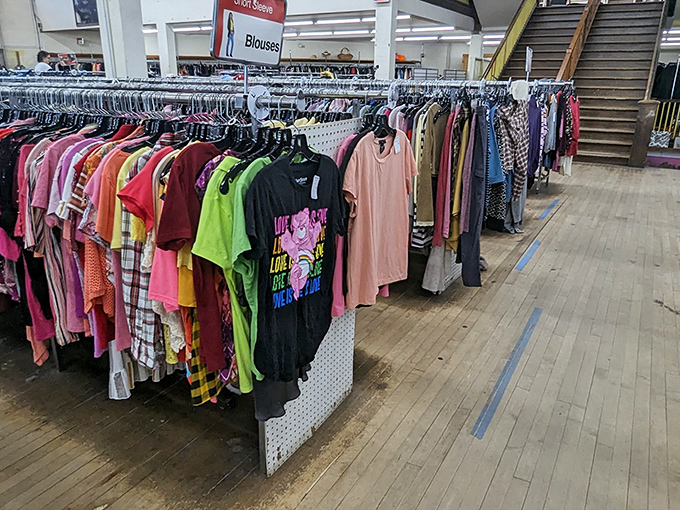 Technicolor treasures hang in orderly rows, like the wardrobe department for a movie about everyone's life from the '70s through yesterday.