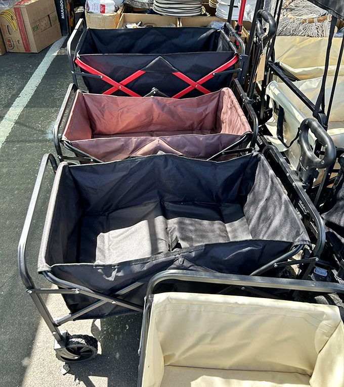 The unofficial mascot of serious flea market shoppers. These collapsible wagons say, "I came prepared to haul treasures" without saying a word.