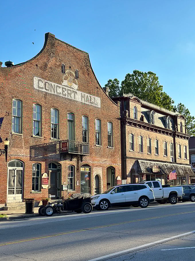 The Concert Hall's brick fa&ccedil;ade has witnessed generations of celebrations, its weathered walls holding secrets of Hermann's musical past.