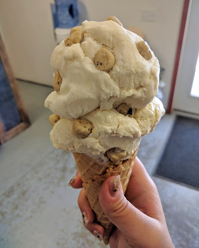 Cookie dough ice cream that doesn't skimp on the chunks. This cone contains more dough than most bakeries use in a dozen cookies!