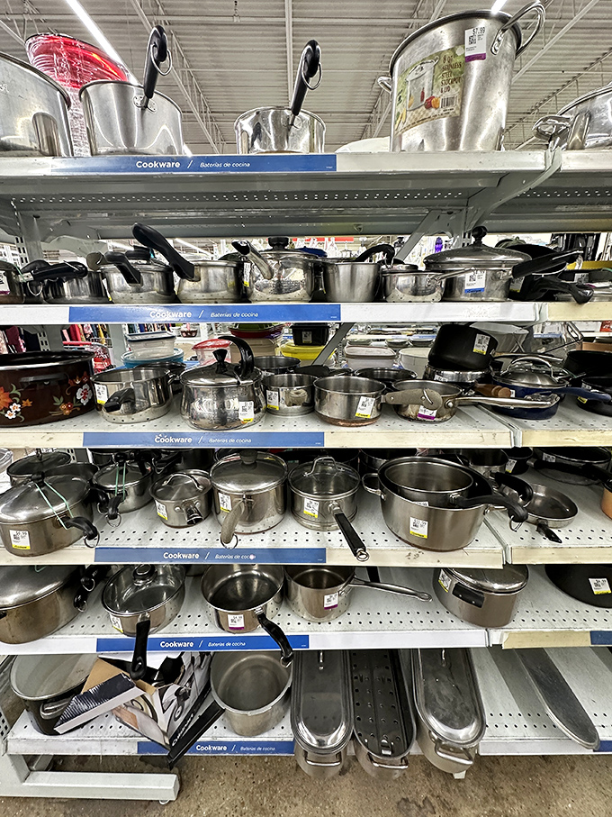 Pots and pans galore! Enough cookware to outfit a five-star restaurant or finally complete that wedding registry from 1992.