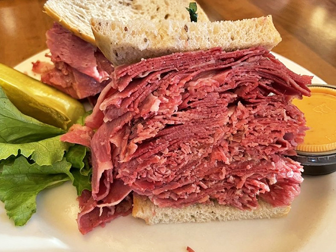 This isn't just a sandwich&mdash;it's a skyscraper of perfectly pink corned beef that makes you wonder if you should eat it or frame it.