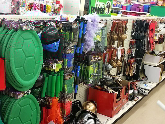 Halloween heaven or costume emergency solution? This aisle saves birthday parties, school plays, and last-minute costume ideas with ninja gear and turtle shells galore.