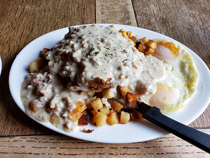 Food crime scene alert: Country fried steak smothered in pepper gravy with perfectly golden potatoes. Your diet called &ndash; it's taking the day off.