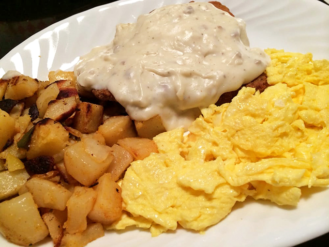 Country fried steak that's achieved its final form&mdash;crispy exterior surrendering to tender beef, all swimming in gravy that could make vegetarians question everything.