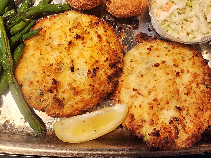 Golden-brown perfection! These crab cakes are what seafood dreams are made of &ndash; mostly crab, minimal filler, maximum flavor.