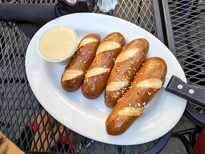 These golden-brown pretzel sticks aren't just appetizers; they're the opening act to a symphony of flavors, served with a side of liquid gold cheese sauce.