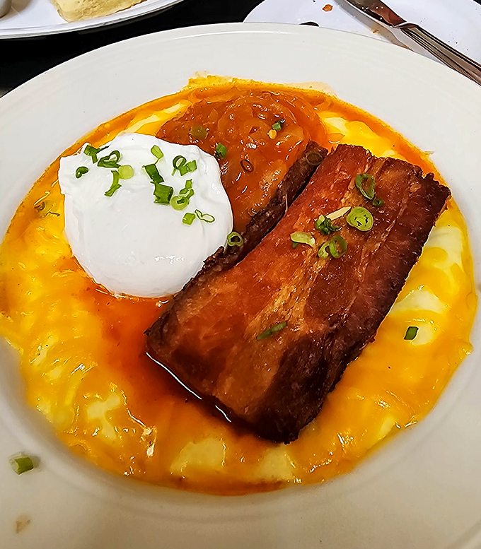 Behold the holy grail: crispy pork belly atop creamy grits with a poached egg. Breakfast? Dinner? Who cares when it tastes this good.