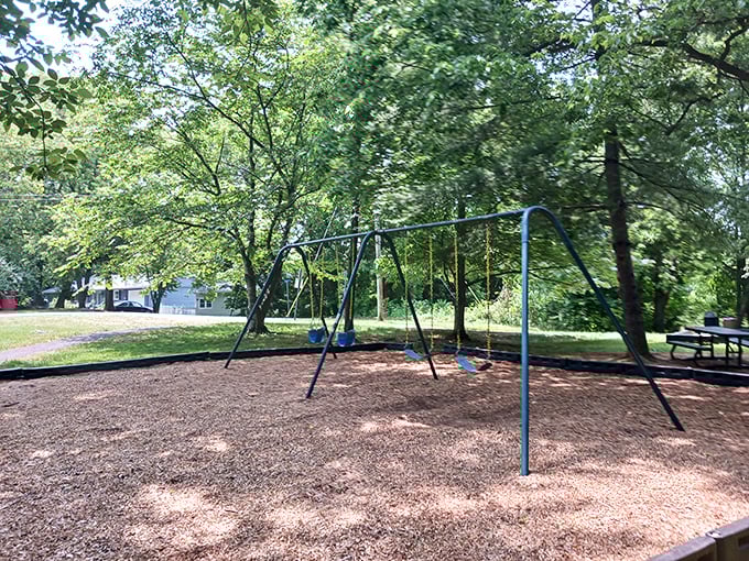 Remember when playgrounds were simple pleasures? This nostalgic swing set waits patiently for the laughter that transforms it from metal to magic.