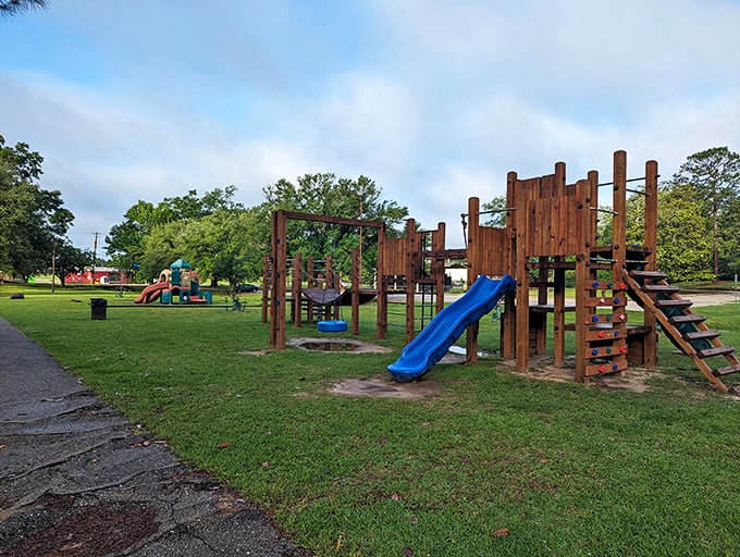 The playground equipment stands ready for grandkids' visits, proving retirement doesn't mean missing out on their childhood memories.