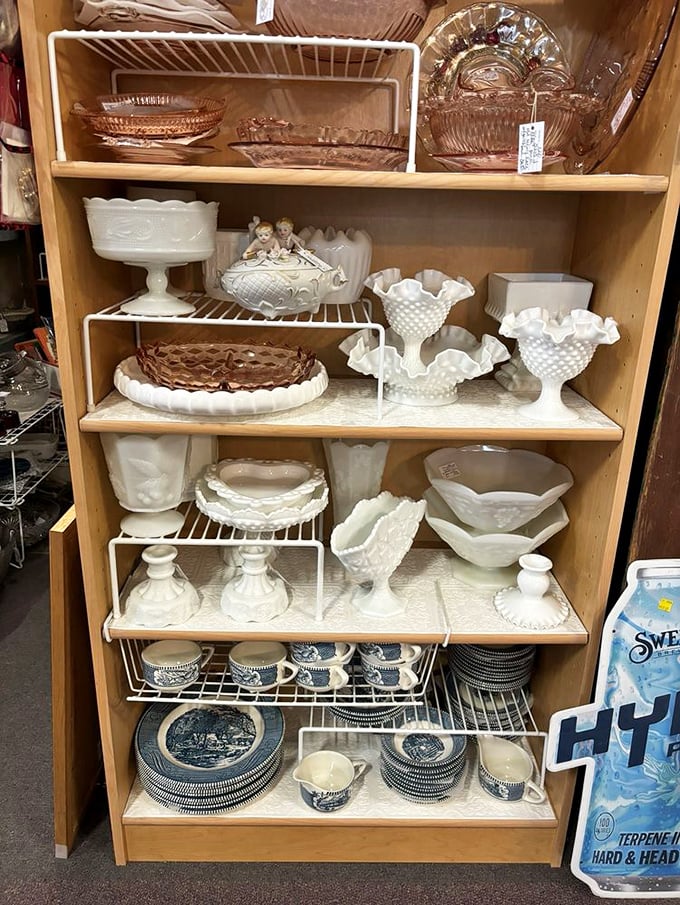 Milk glass and Depression-era dishware that would make Martha Stewart swoon. Grandma's china cabinet never looked this impressive!