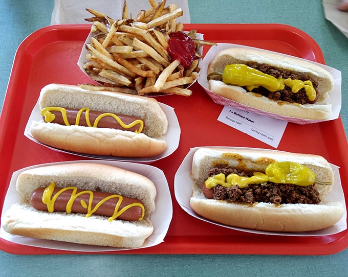 Hot dog heaven on a red tray! The perfect symphony of mustard calligraphy on these dogs would make Beethoven weep with joy.
