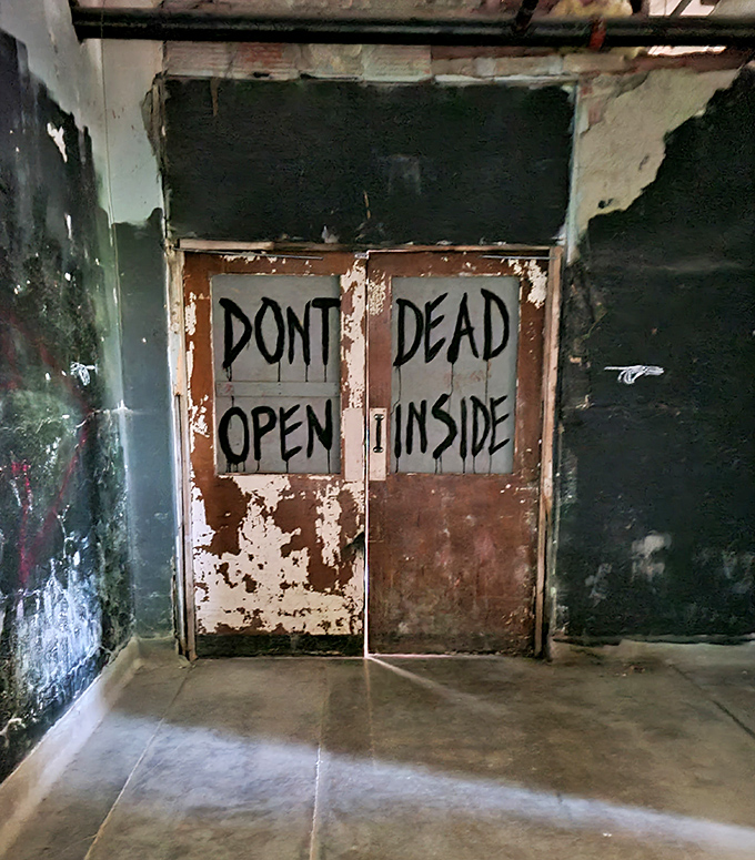 Stephen King couldn't have designed it better himself. This "Don't Open Dead Inside" door channels "The Walking Dead" with Kentucky hospitality.