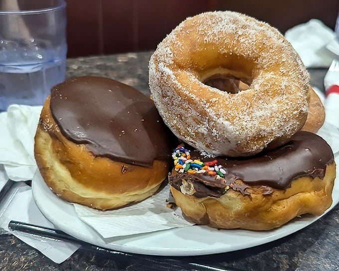 Donuts that would make Homer Simpson weep with joy &ndash; chocolate-glazed perfection and cinnamon-sugar simplicity on a humble paper plate.