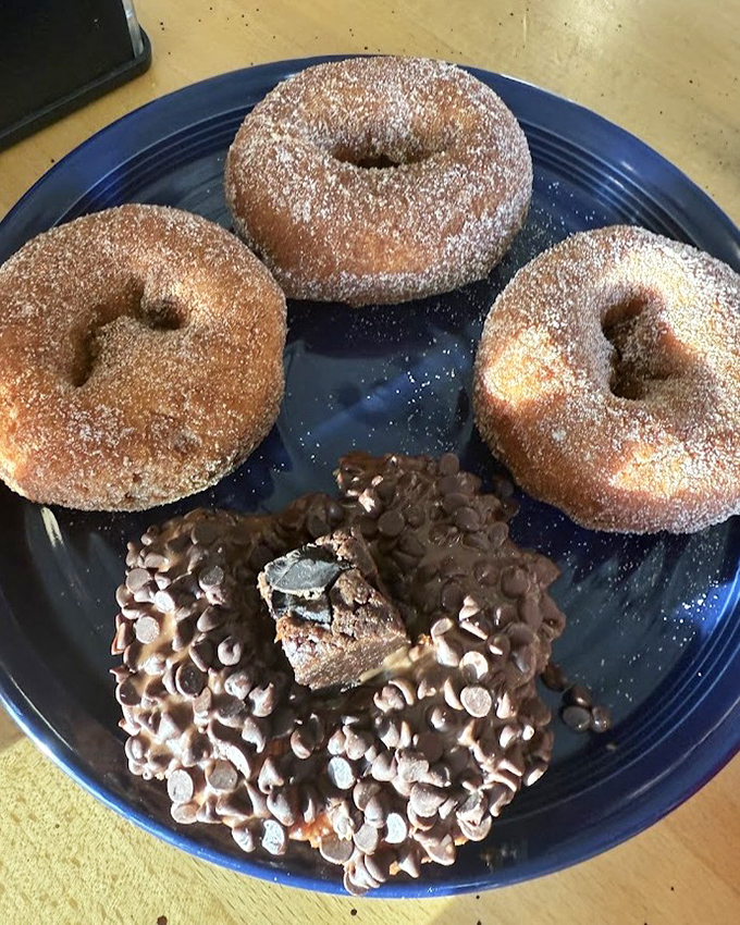 Sugar-dusted donuts sharing a plate with chocolate-dipped companions &ndash; proof that sometimes the simplest pleasures are the most profound.