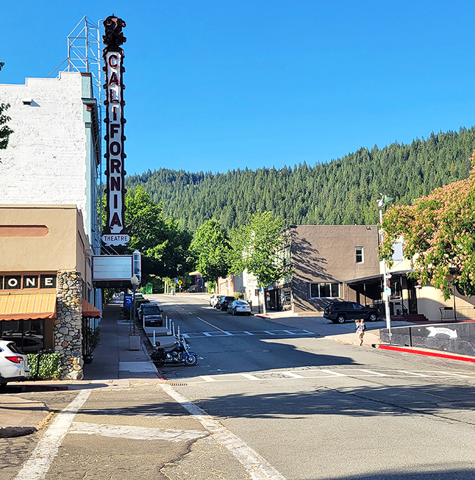 Downtown Dunsmuir feels like walking onto a movie set where small-town charm meets mountain majesty, and the California Theatre marquee steals the scene.