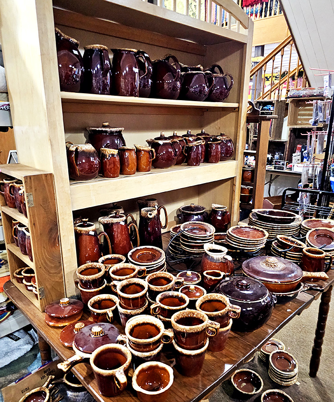 A pottery collector's dream! These rich brown drip-glaze pieces could be straight out of your grandmother's kitchen&mdash;or your next dinner party centerpiece.