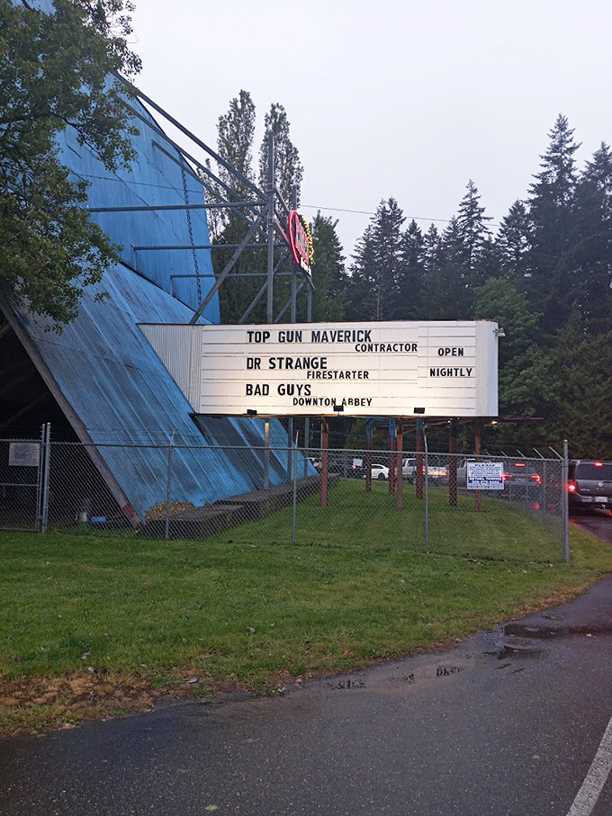 Movie titles on the marquee tell stories before the films even begin, a roadside beacon drawing cinema lovers from miles around.