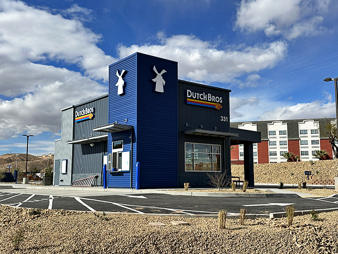 That blue building means caffeinated salvation awaits, because retirement doesn't mean surrendering your right to fancy coffee drinks.