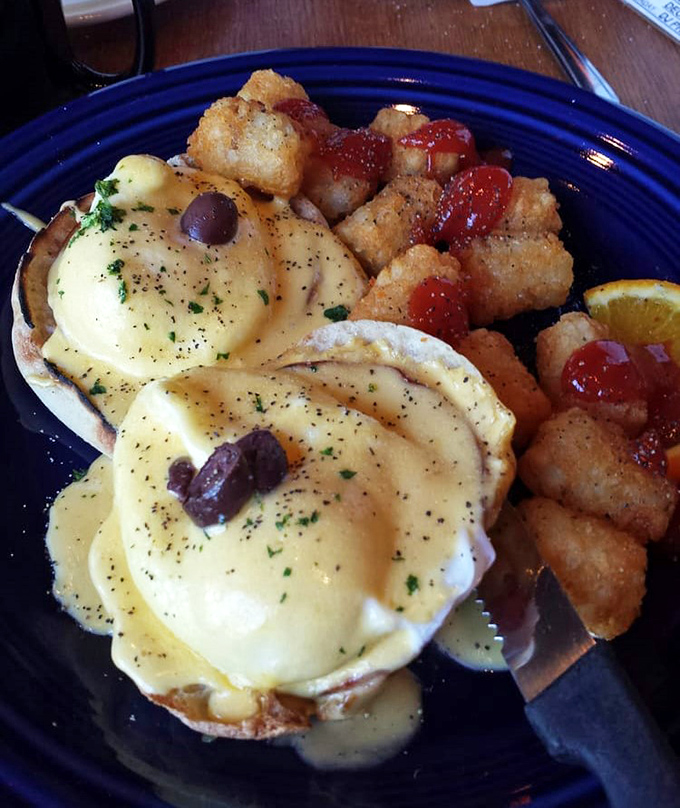 Eggs Benedict that would make a French chef weep with joy. Those perfectly poached eggs perch like royalty atop their English muffin thrones.
