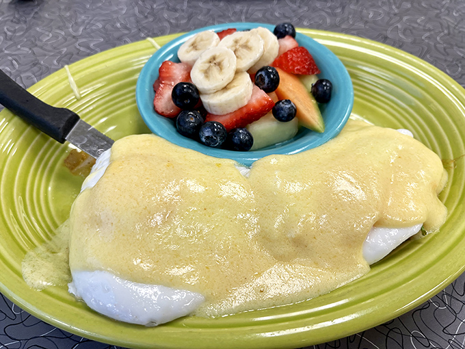 Behold the star attraction: eggs Benedict draped in silky hollandaise sauce with a side of fresh fruit that makes "worth the drive" an understatement.
