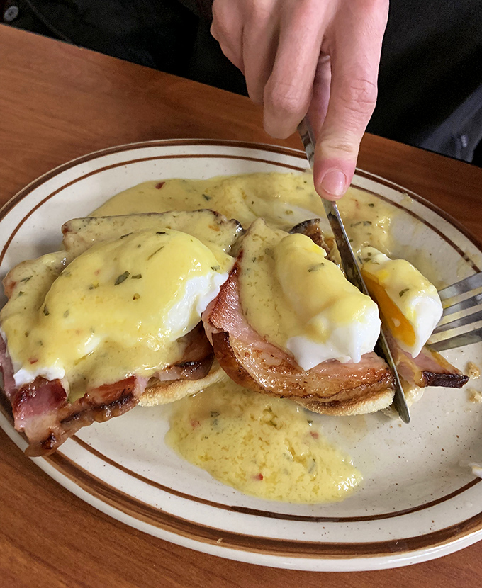 Behold the star attraction: Joey's Eggs Benedict with perfectly poached eggs and hollandaise sauce that should have its own fan club.