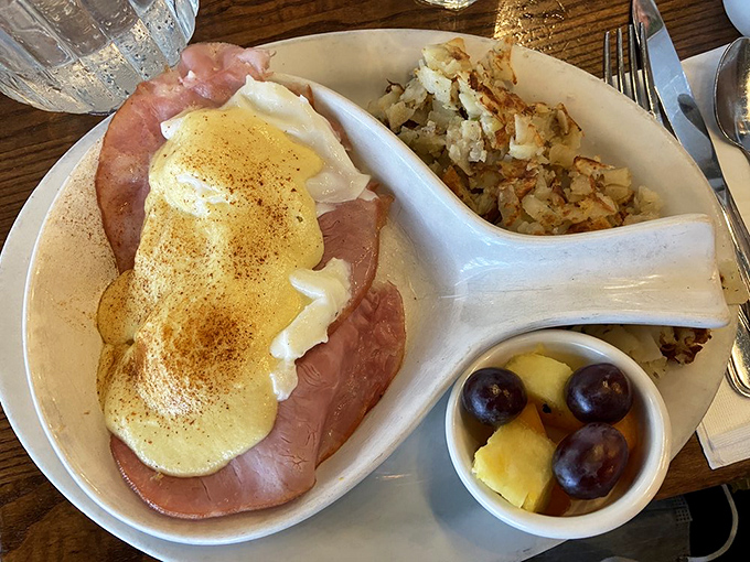 Behold the star attraction &ndash; eggs benedict with perfectly poached eggs, Canadian bacon, and that hollandaise sauce that dreams are made of.