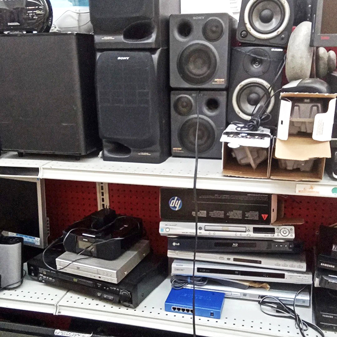 The electronics section: where yesterday's cutting-edge technology finds new purpose. That Sony speaker might have once blasted Nirvana CDs in someone's dorm room.