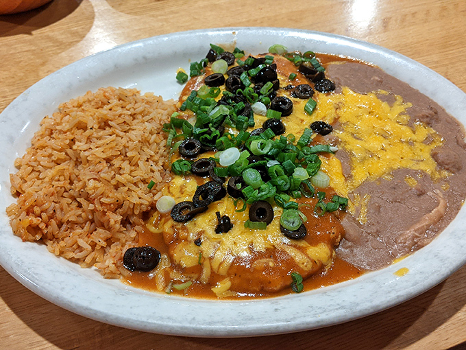 This isn't just an enchilada plate—it's a color wheel of Mexican flavors where the red sauce, yellow cheese, and green onions compete for your affection.