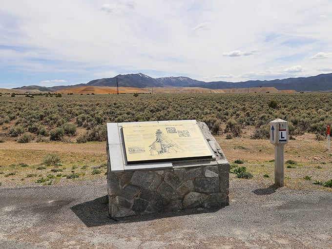 This informative marker stands sentinel over sagebrush plains, telling stories of fortunes made and lost in Nevada's mining frontier.