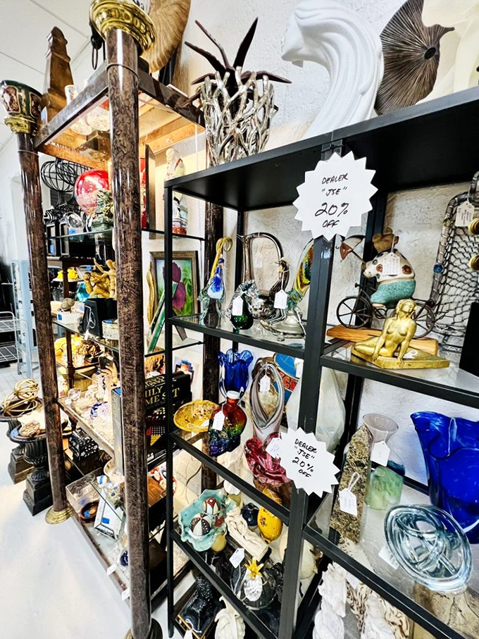 Glass shelves showcase an artful array of decorative pieces that whisper, "Take me home and make your friends wonder where you found such taste."