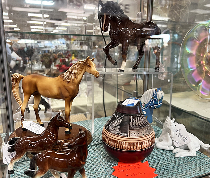 Hand-crafted pottery and figurines tell stories of distant lands and forgotten dining room displays.