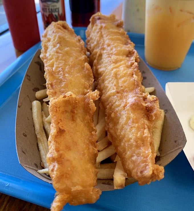 Golden fillets lounging atop a bed of chips like royalty on vacation. The kind of crispy-to-flaky ratio that makes mathematicians weep.