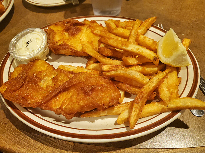 Behold the star attraction: golden-battered fish with perfectly crisp fries that would make a British pub owner weep with jealousy.