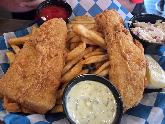 Fish and chips nirvana! Golden-battered cod with a shatter-crisp exterior guards the tender flaky fish within&mdash;the holy grail of seafood simplicity.