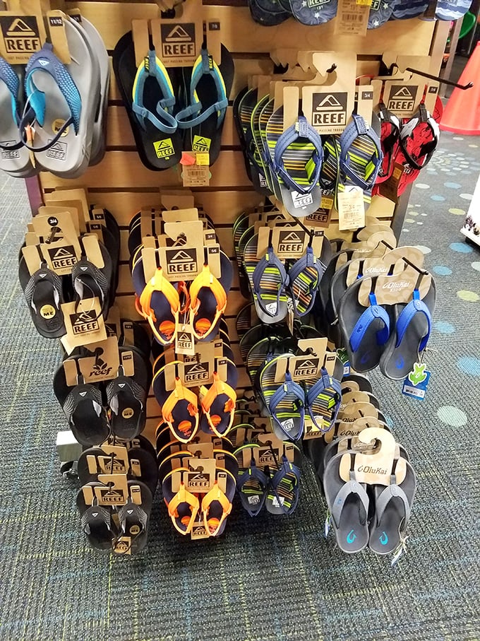 Flip-flops arranged with military precision&mdash;because even casual footwear deserves the respect of perfect organization in Nevada's shopping mecca.
