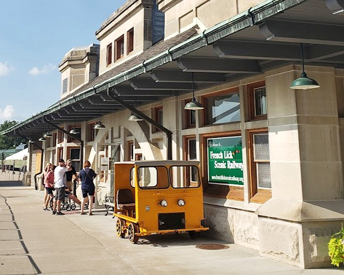 The beautifully preserved French Lick depot serves as both a functional station and living museum, its limestone fa&ccedil;ade telling stories of travelers past.