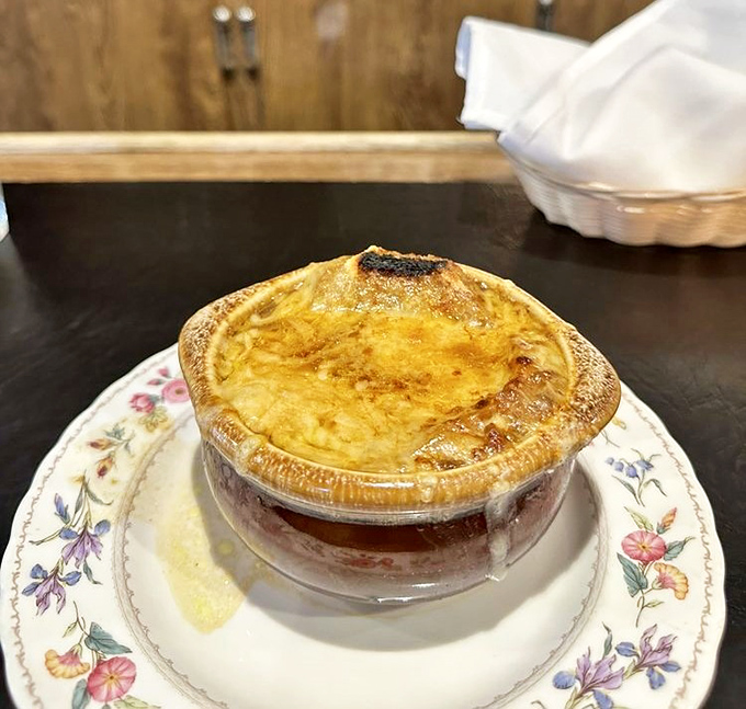 French onion soup that's worth the drive&mdash;a golden crown of bubbling Gruy&egrave;re protecting a rich broth that's been simmering since you made your reservation.