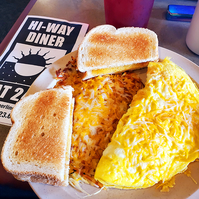 Breakfast perfection on a plate: a cheese omelet that's achieved that elusive fluffy-yet-substantial texture, paired with perfectly golden toast.