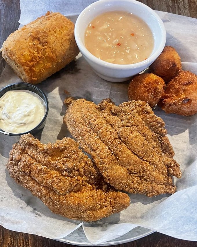 Golden-brown perfection! The cornmeal-crusted catfish strips arrive with hush puppies and white beans&mdash;a Tennessee trinity that makes taste buds stand at attention. 
