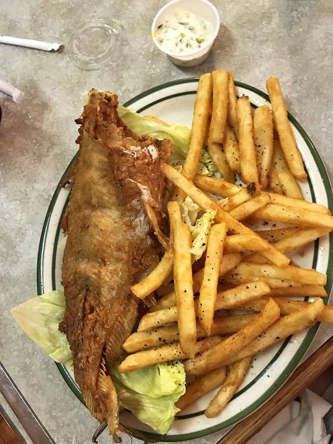 This isn't just fried catfish&mdash;it's a golden-brown masterpiece with a cornmeal crust that shatters with each bite, surrounded by fries that demand to be savored one by one.