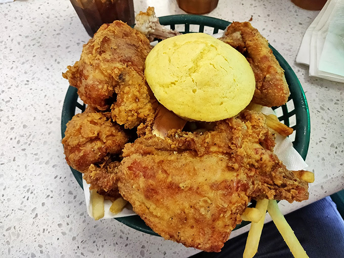 Golden-brown chicken that makes you question every other fried chicken you've ever eaten. That cornbread isn't just a side&mdash;it's a co-star.