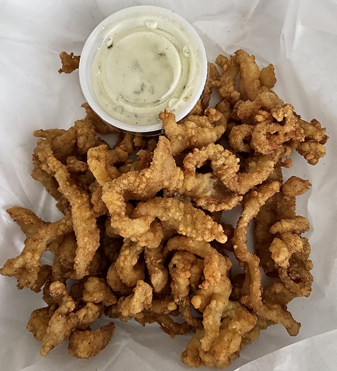 The holy grail of fried clams&mdash;golden, crispy, and abundant. Like edible treasure from the sea, with dipping sauce as the X that marks the spot.