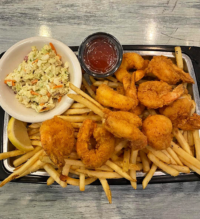 Golden, crispy, and piled high with fries&mdash;this is what fried shrimp dreams are made of, folks.