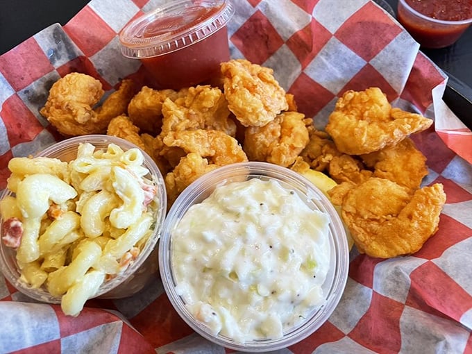 Golden-battered shrimp that crunch like nature's perfect potato chip, accompanied by sides that don't merely play supporting roles&mdash;they demand their own standing ovation.