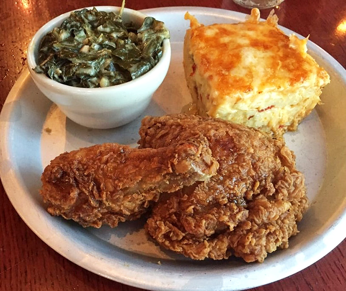 Golden-brown chicken that shatters at first bite, paired with collards and mac and cheese custard&mdash;a holy trinity of Southern cooking if ever there was one. 