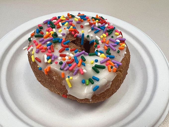 Rainbow sprinkles on chocolate frosting is childhood joy captured in donut form, proving some pleasures never need to grow up.