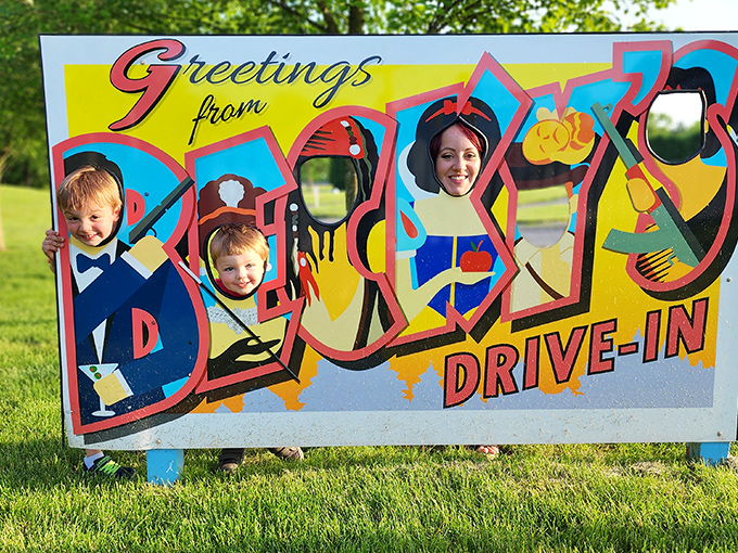 The "Greetings from Becky's" sign offers the perfect backdrop for family photos that will outlast any digital memory.